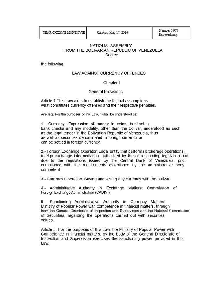 Venezuela Currency Offenses Law 2010 | PDF | Currency | Crimes