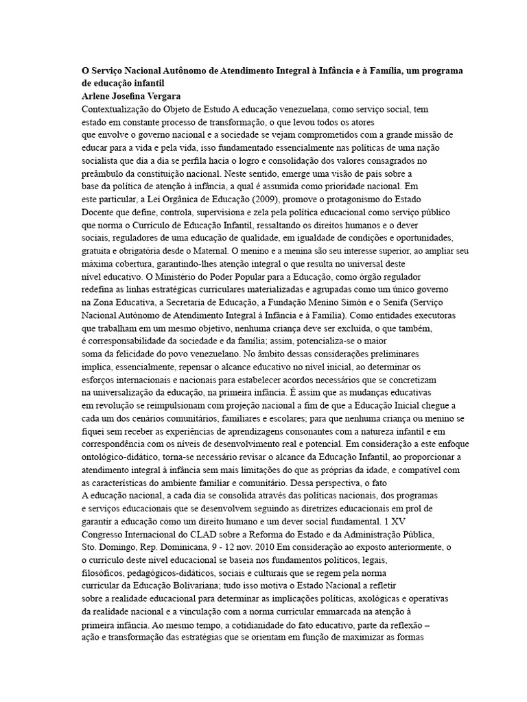 Educação Infantil na Venezuela: Senifa e Políticas | PDF | Pedagogia ...