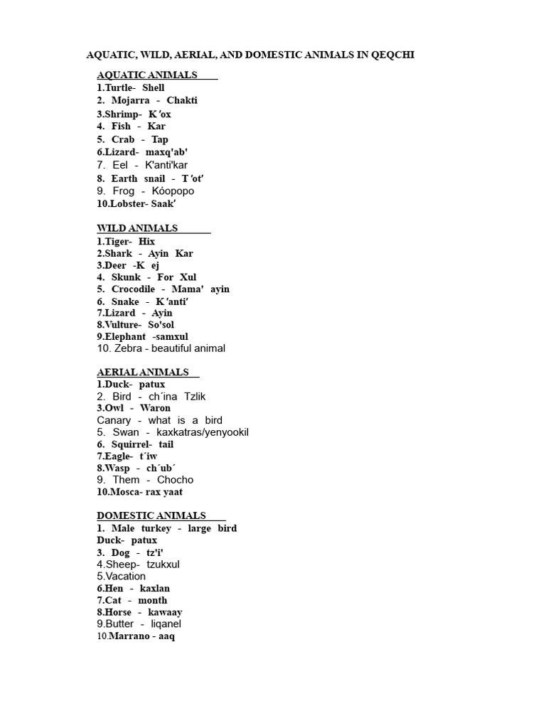 Aquatic Animals in Qeqchi | PDF