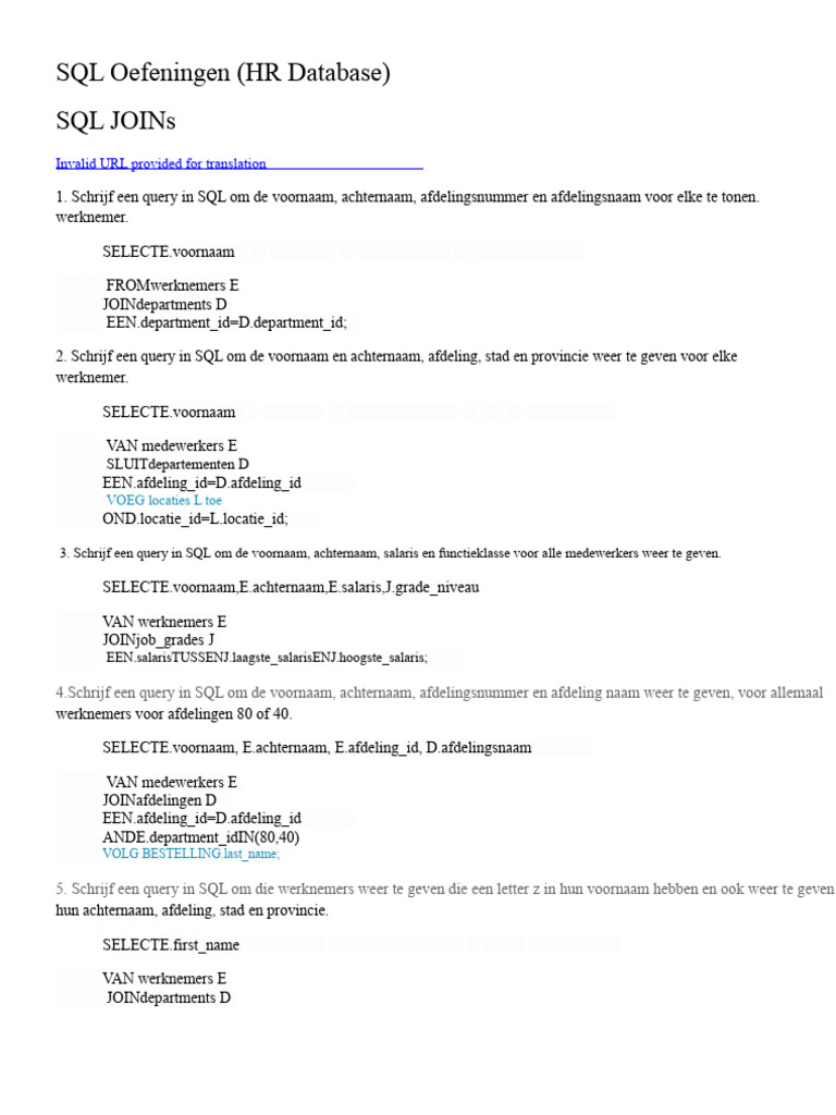SQL Oefeningen (HR Database) (JOINs) | PDF