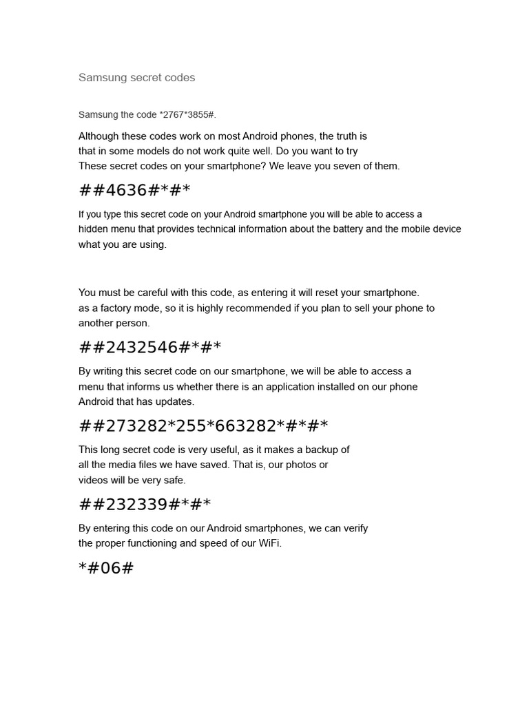 Samsung Secret Codes | PDF | Android (Operating System) | Smartphone