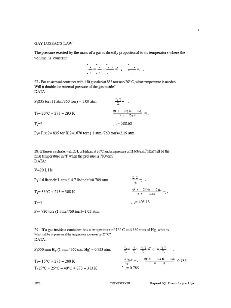 Problem Set - Gay Lussac's Law | PDF | Gases | Pressure