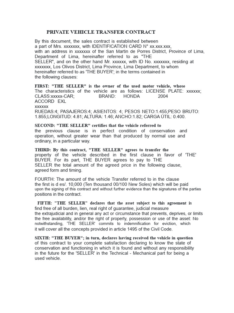 Private Vehicle Transfer Contract | PDF | Civil Law (Legal System ...