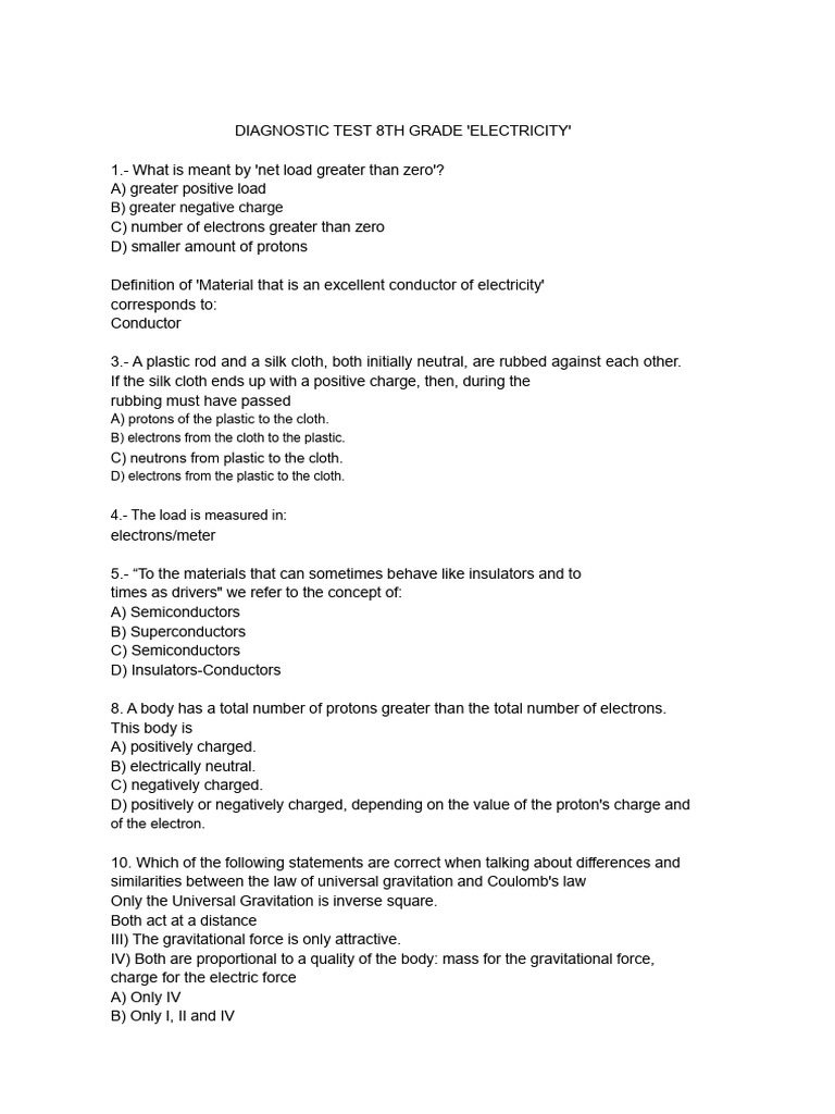Diagnostic Test, 8th Grade Physics, Electricity | PDF | Electric Charge ...