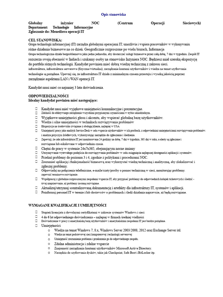Opis Stanowiska - Inżynier NOC | PDF