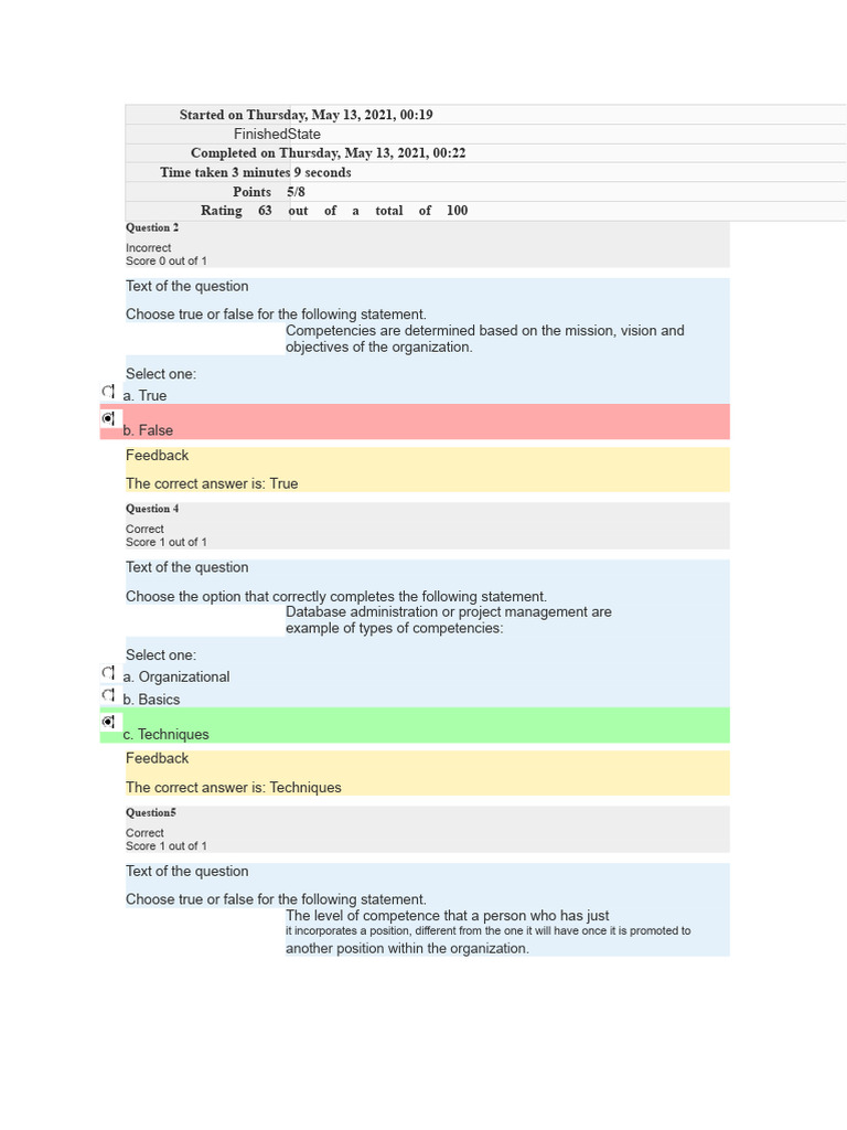 Competency Assessment Quiz Results | PDF | Question | Communication
