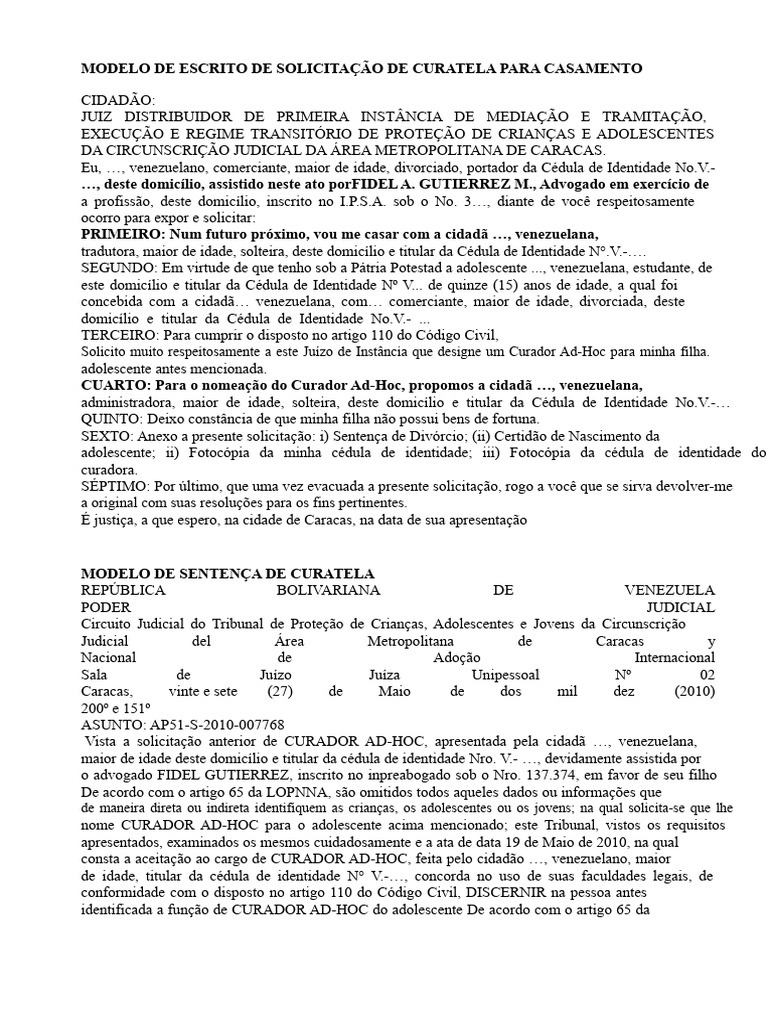 Solicitação de Curatela para Casamento | PDF | Divórcio | Acomodações