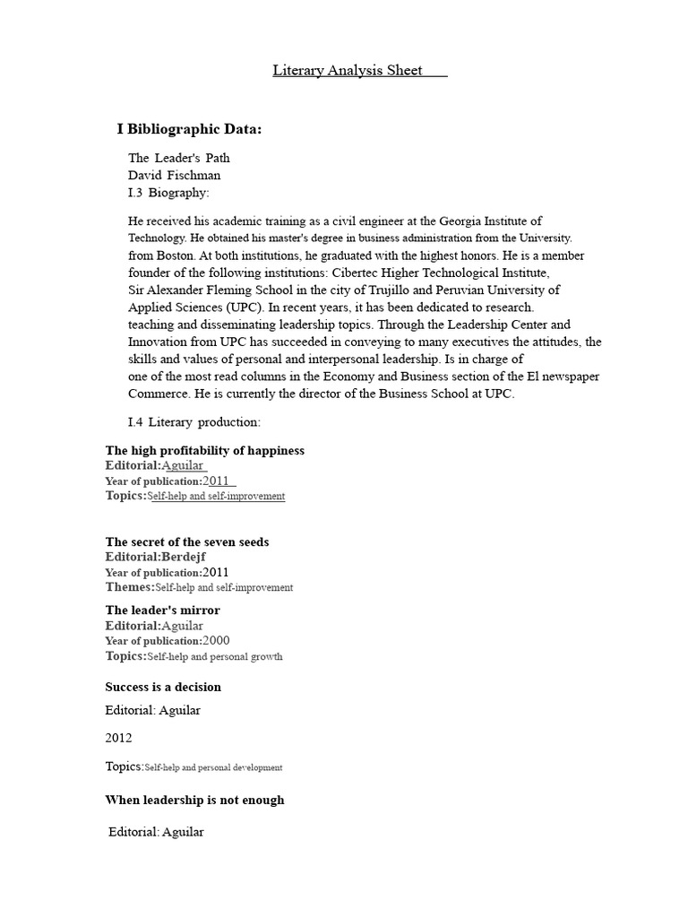 Literary Analysis Sheet - The Leader's Path | PDF | Self Help | Human ...