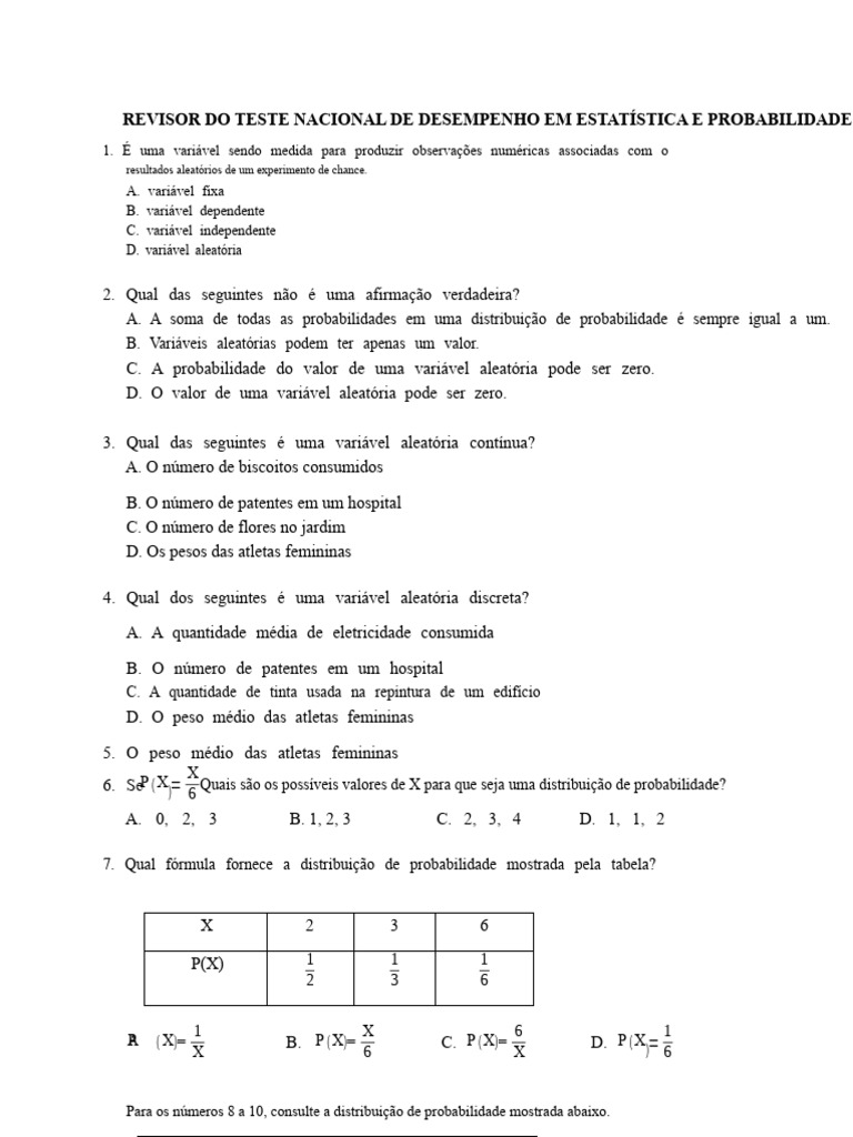 Revisão do Teste Nacional de Desempenho em Estatística e Probabilidade ...