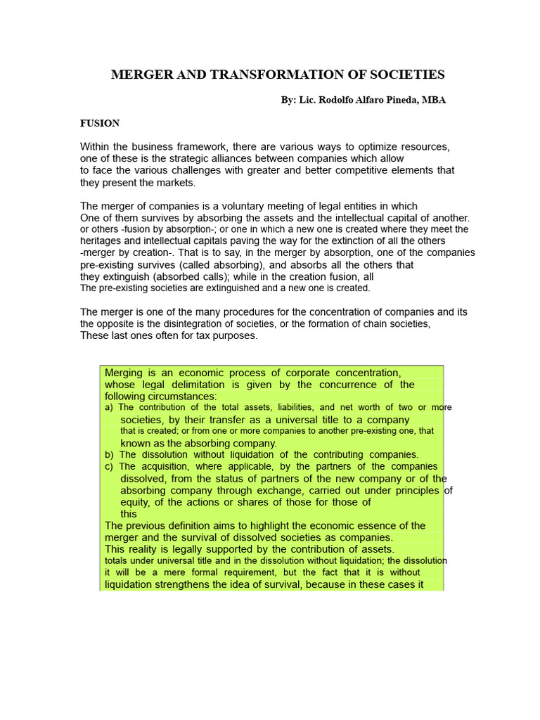 Merger and Transformation of Companies | PDF | Mergers And Acquisitions ...