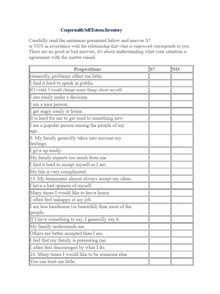 Coopersmith Self-Esteem Inventory Guide | PDF | Self Esteem ...