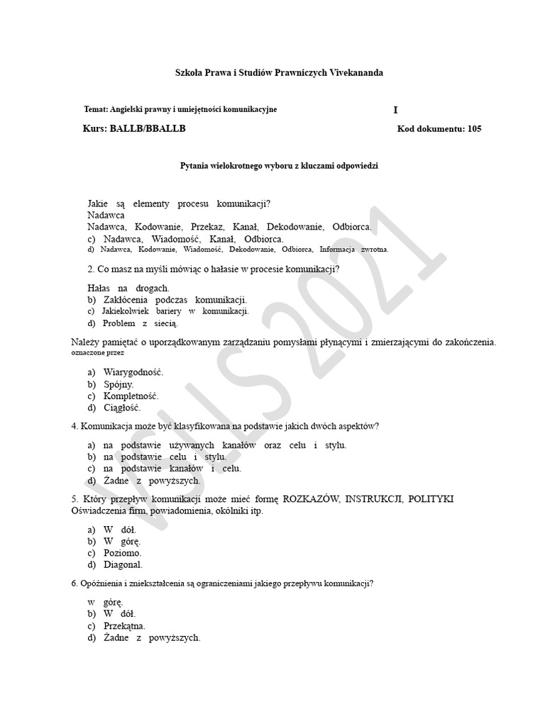 MCQ Język Prawny I Umiejętności Komunikacyjne, 105 | PDF