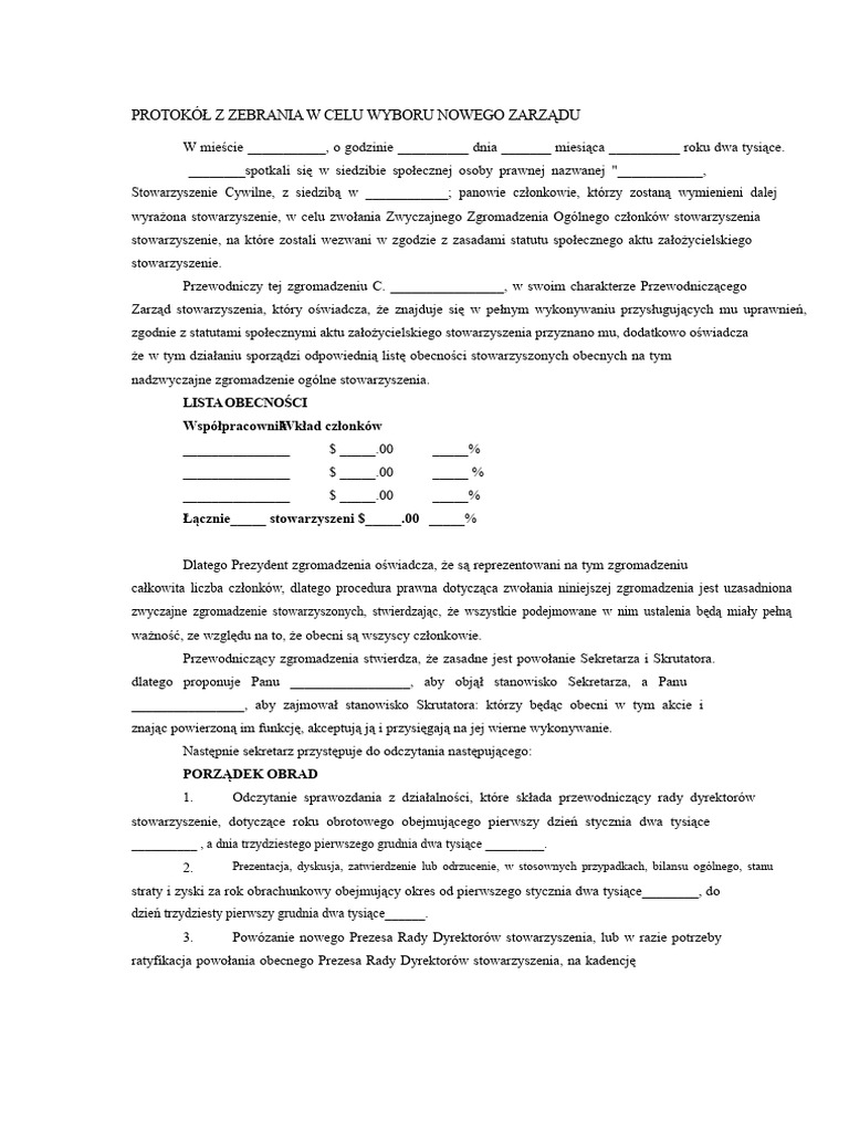 Protokół Zgromadzenia W Celu Powołania Nowego Zarządu | PDF