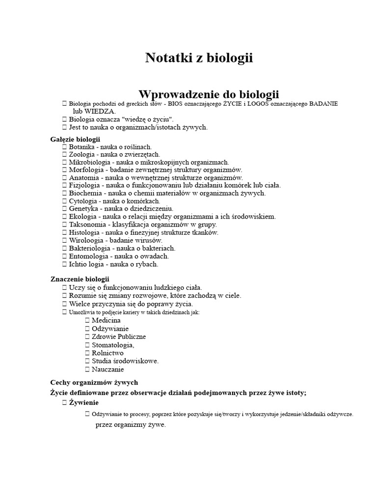 Notatki Z Biologii Klasa 7 | PDF