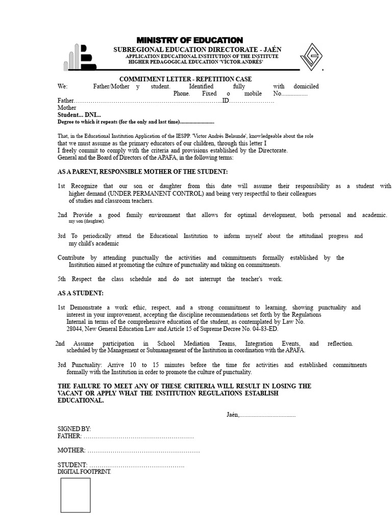 Letter of Commitment For Repetition | PDF | Behavior Modification ...