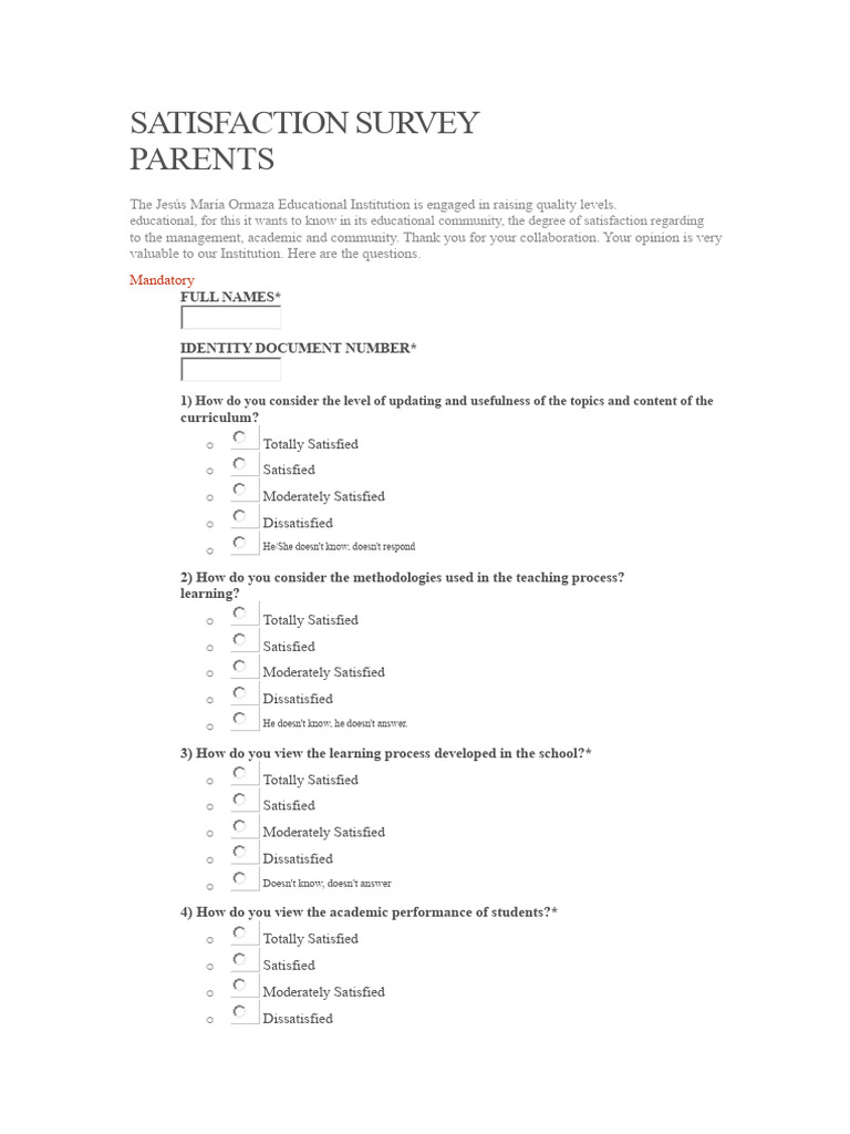 Parent Satisfaction Survey for Education | PDF | Curriculum | Learning