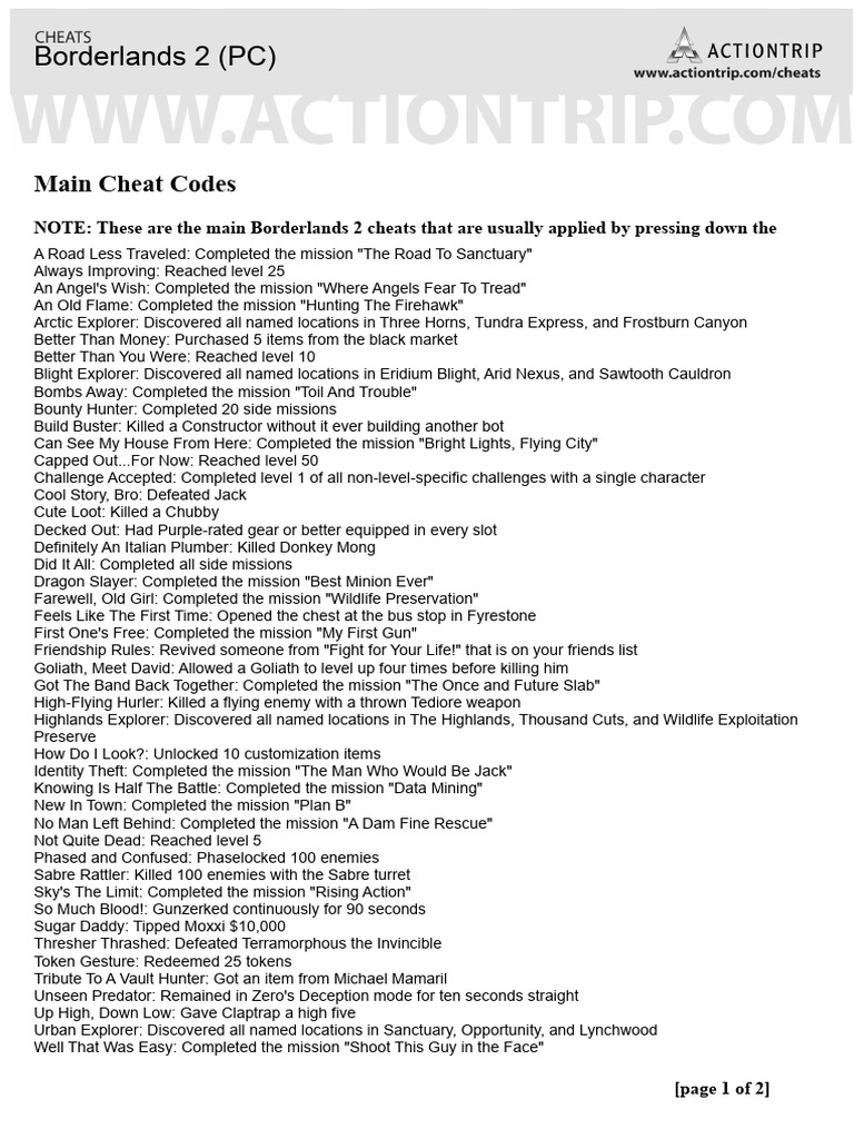 Borderlands 2 PC Cheat Codes Guide | PDF