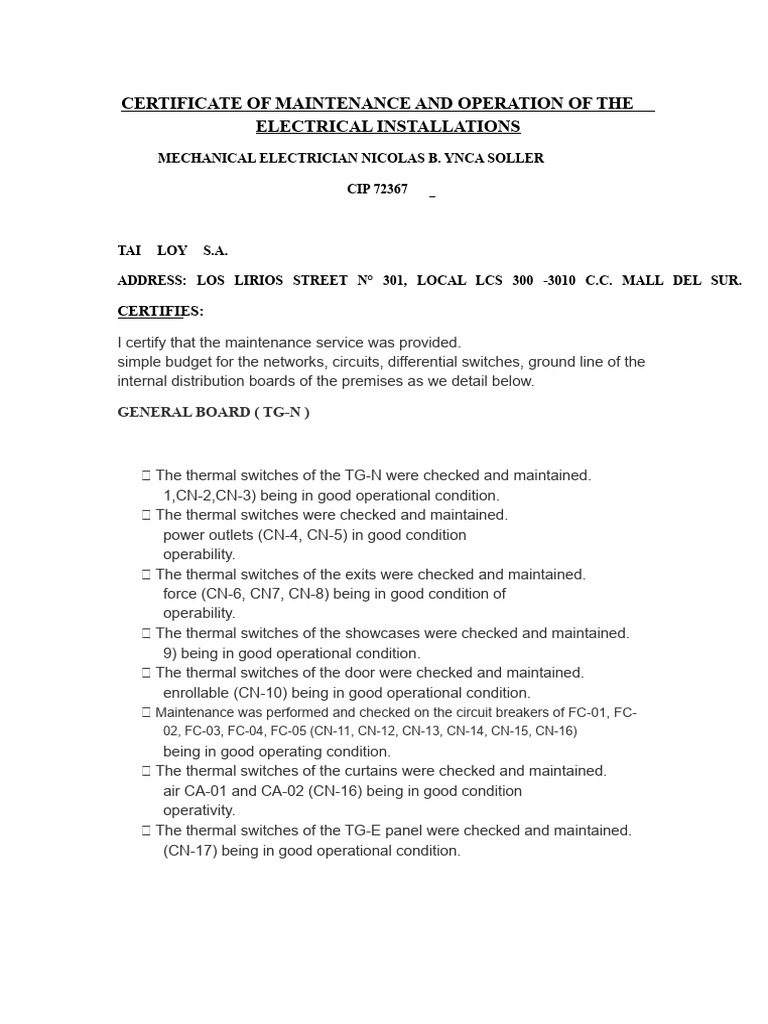 CERTIFICATE OF OPERATIONALITY and MAINTENANCE OF THE ELECTRIC NETWORKS ...