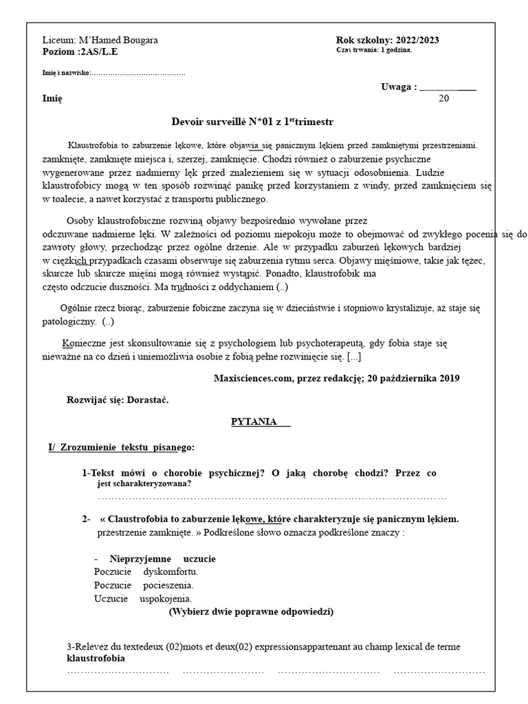 Klaustrofobia Devoir - Docx Wersja 1 | PDF