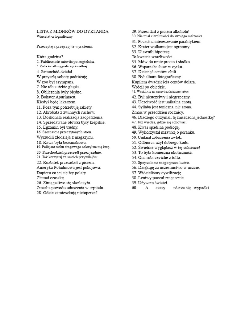 Lista Minimalnych Fraz Do Dyktanda | PDF