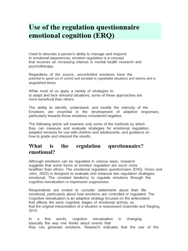 Emotional Regulation Questionnaire Overview | PDF | Emotional Self ...