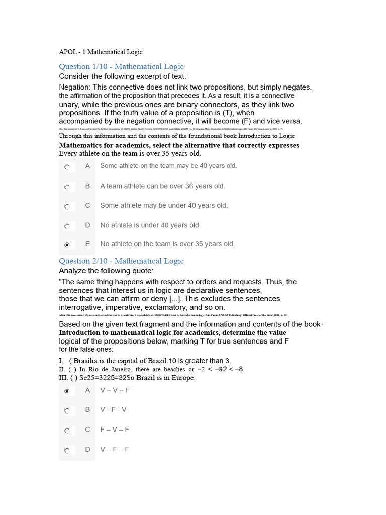APOL 1 - Mathematical Logic UNINTER | PDF | Logic | Proposition