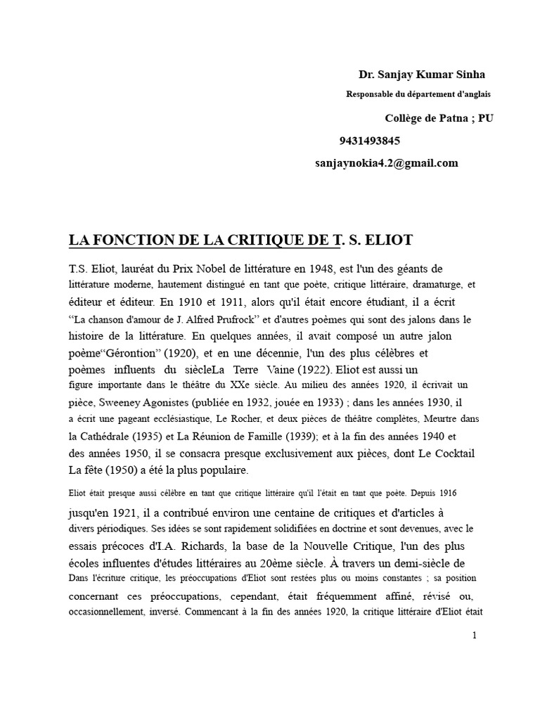 La critique littéraire selon T.S. Eliot | PDF | TS Eliot | Enseignement ...