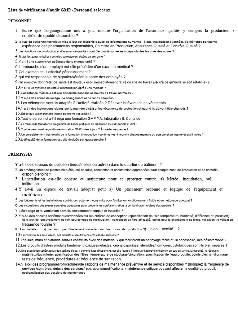 Audit GMP : Vérification du Personnel et Locaux | PDF | Eaux usées | Audit