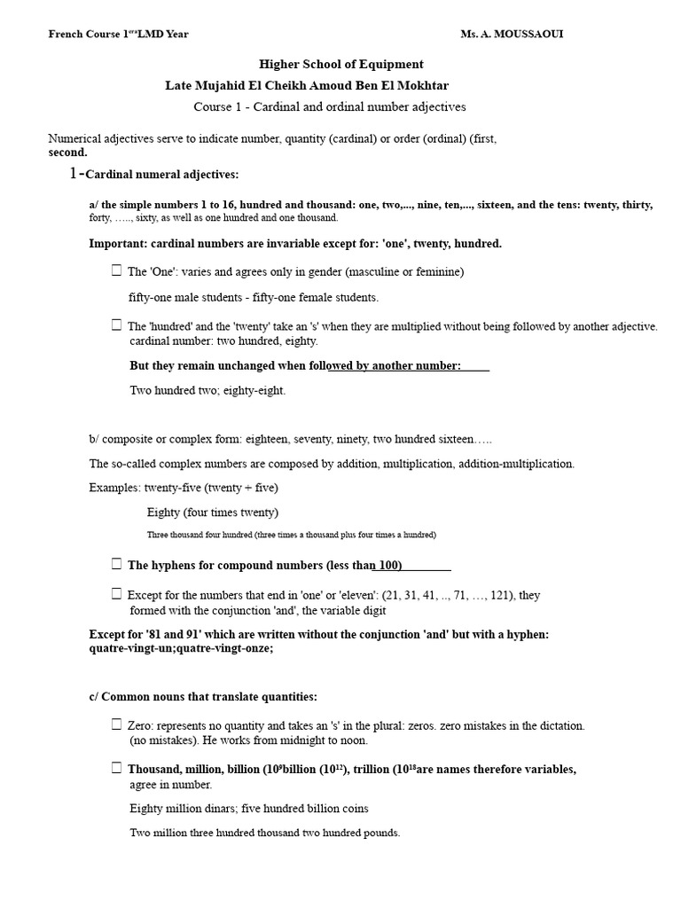 Course 1 The ordinal and cardinal numerical adjectives | PDF | Plural ...