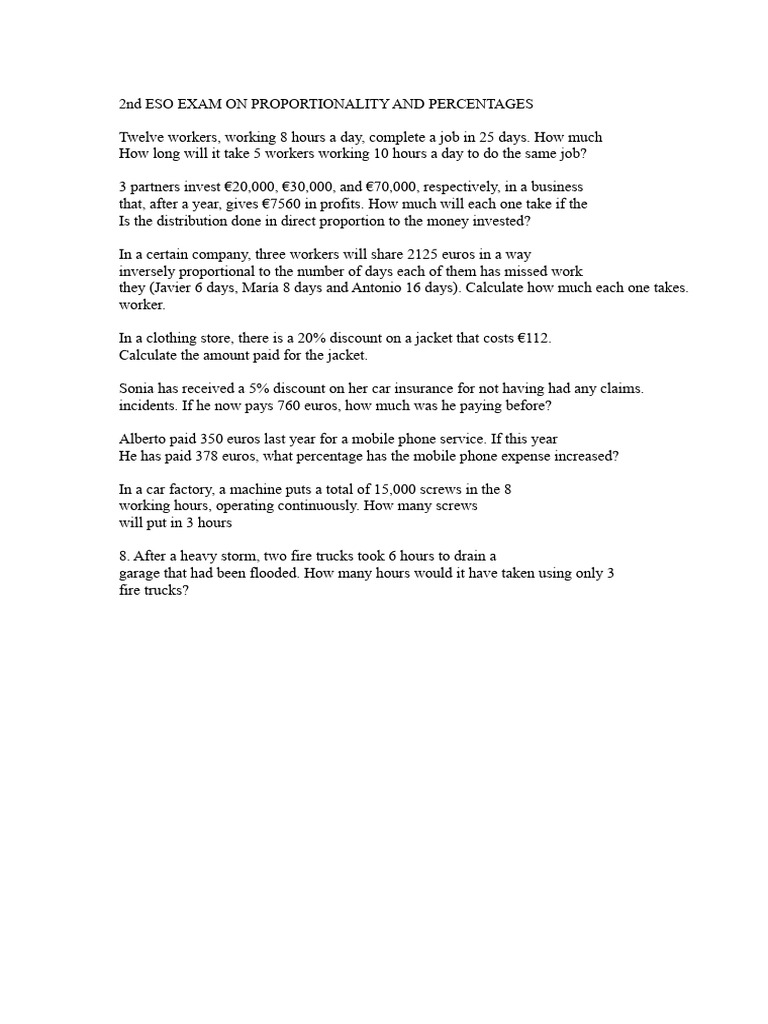 2nd YEAR OF ESO EXAM ON PROPORTIONALITY AND PERCENTAGES | PDF