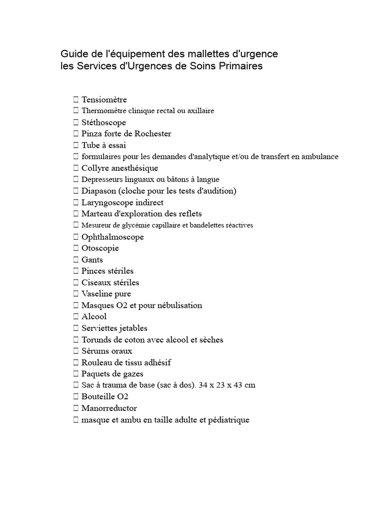Guide de L'équipement Des Malettes D'urgence Des Services D'urgences de ...
