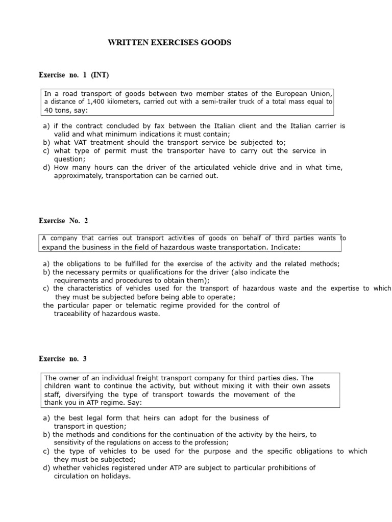 EU Goods Transport Regulations and Exercises | PDF | Truck Driver ...