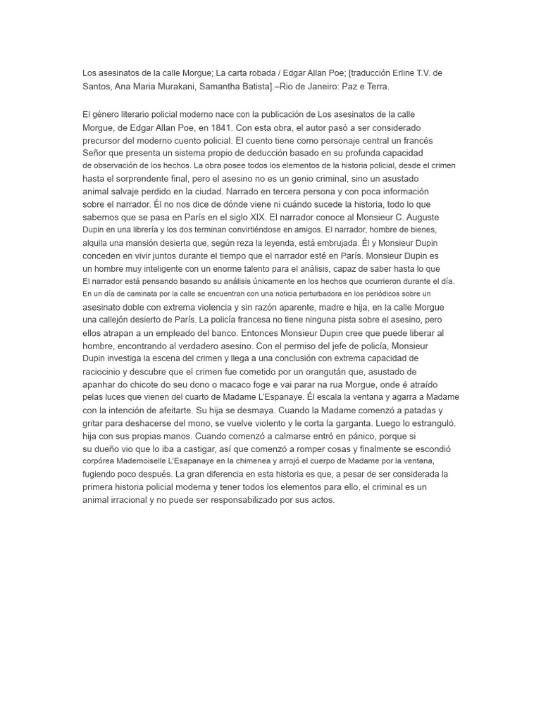Resumen de Los Asesinatos de La Calle Morgue | PDF | C. Auguste Dupin