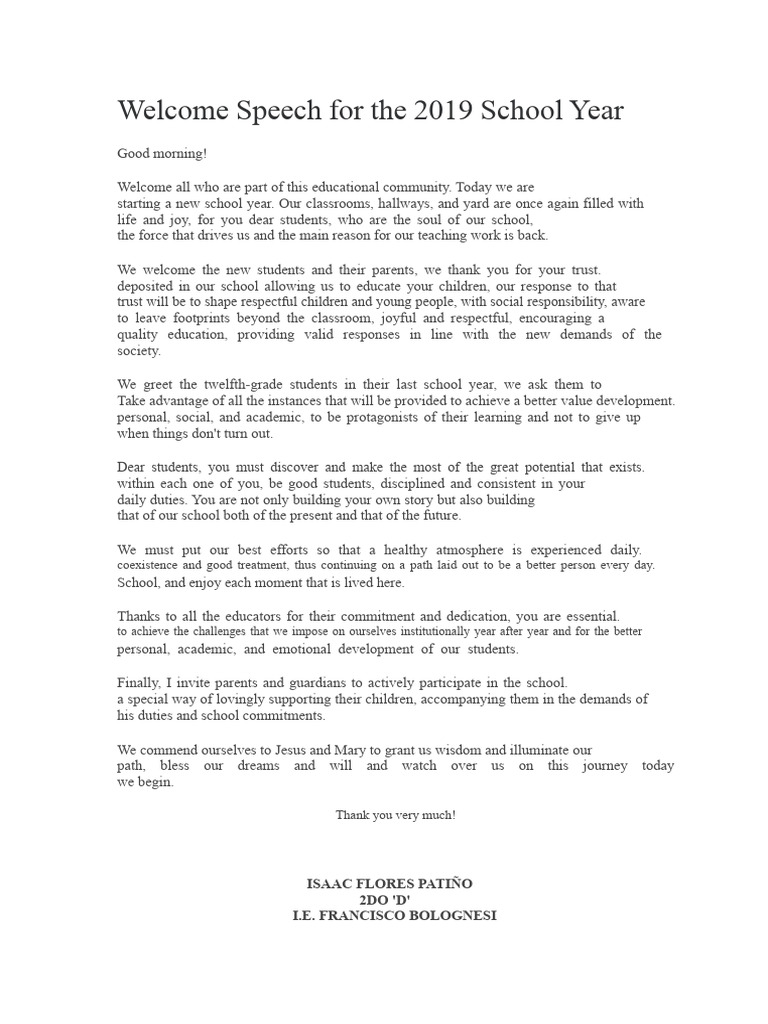 Welcome Speech For The School Year 2019 | PDF
