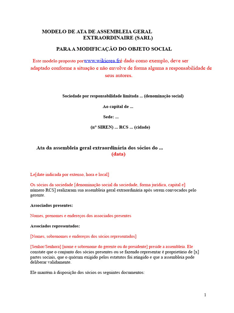 Modelo de Ata de Assembleia Geral SARL | PDF | Assembleia Geral das ...