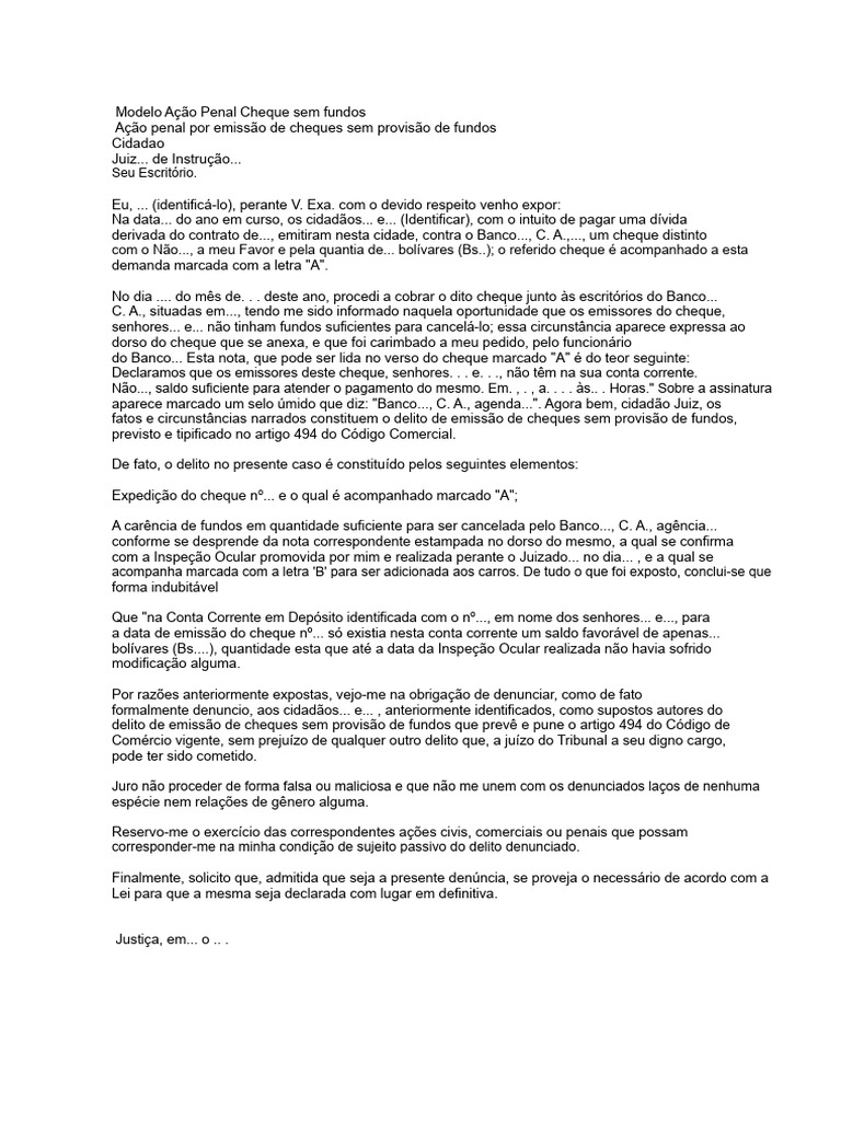 Ação Penal por Cheque Sem Fundos | PDF | Cheque (banco) | Justiça