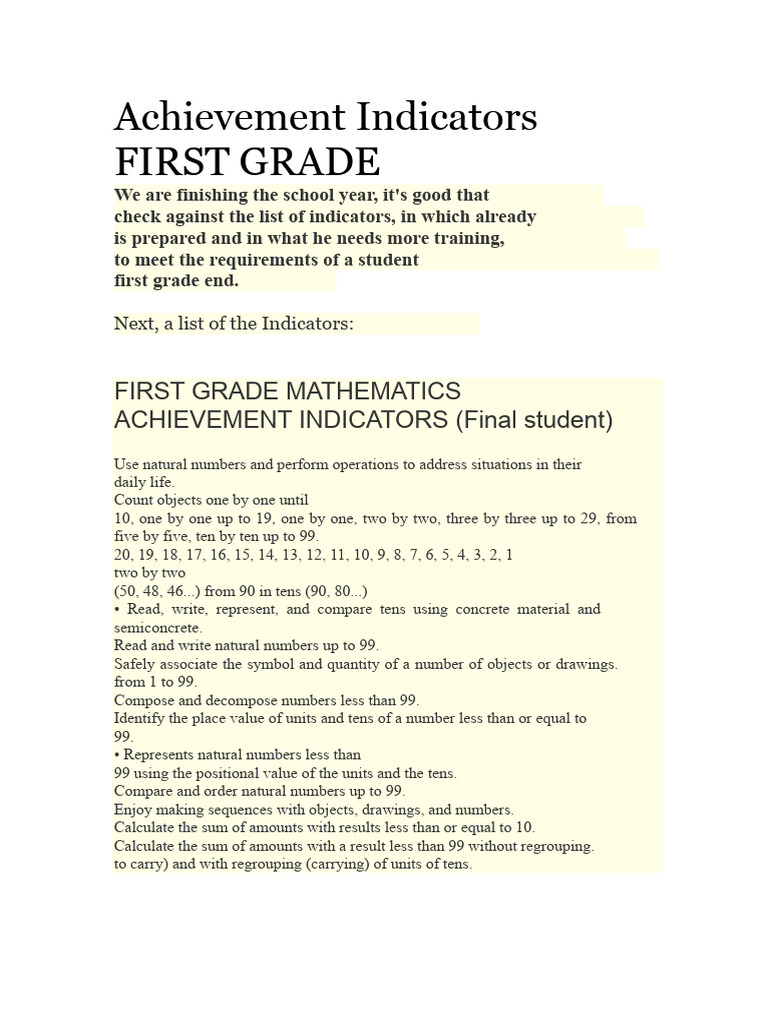 Achievement Indicators First Grade | PDF | Shape | Measurement