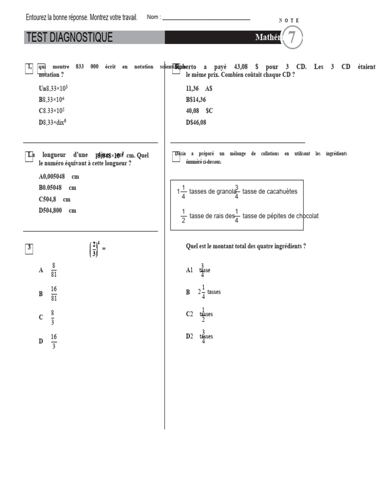 Test Diagnostique de Mathématiques de 7e Année PDF | PDF | Algèbre ...