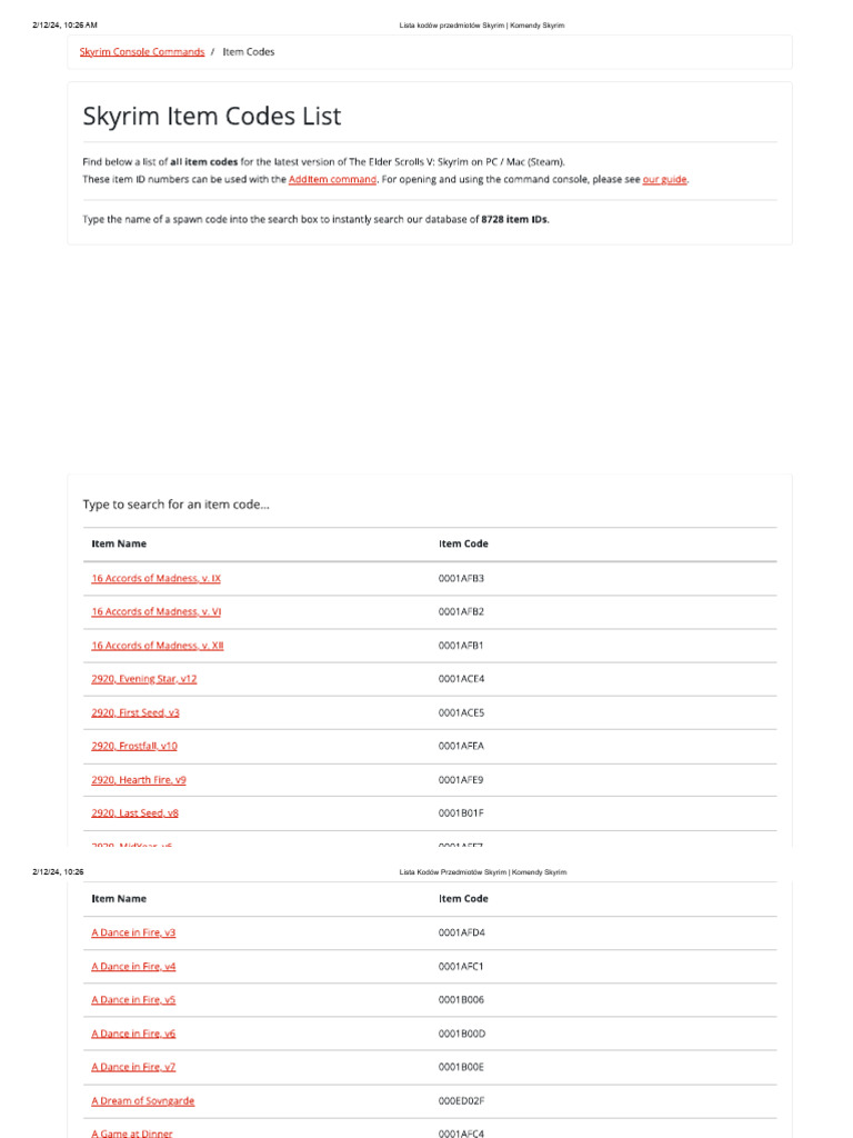 Lista Kodów Przedmiotów Skyrim - Komendy Skyrim | PDF