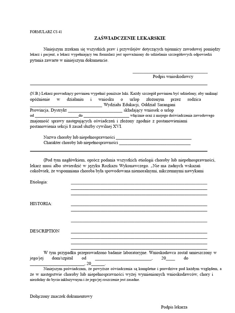 CS Form 41 - Świadectwo Medyczne | PDF