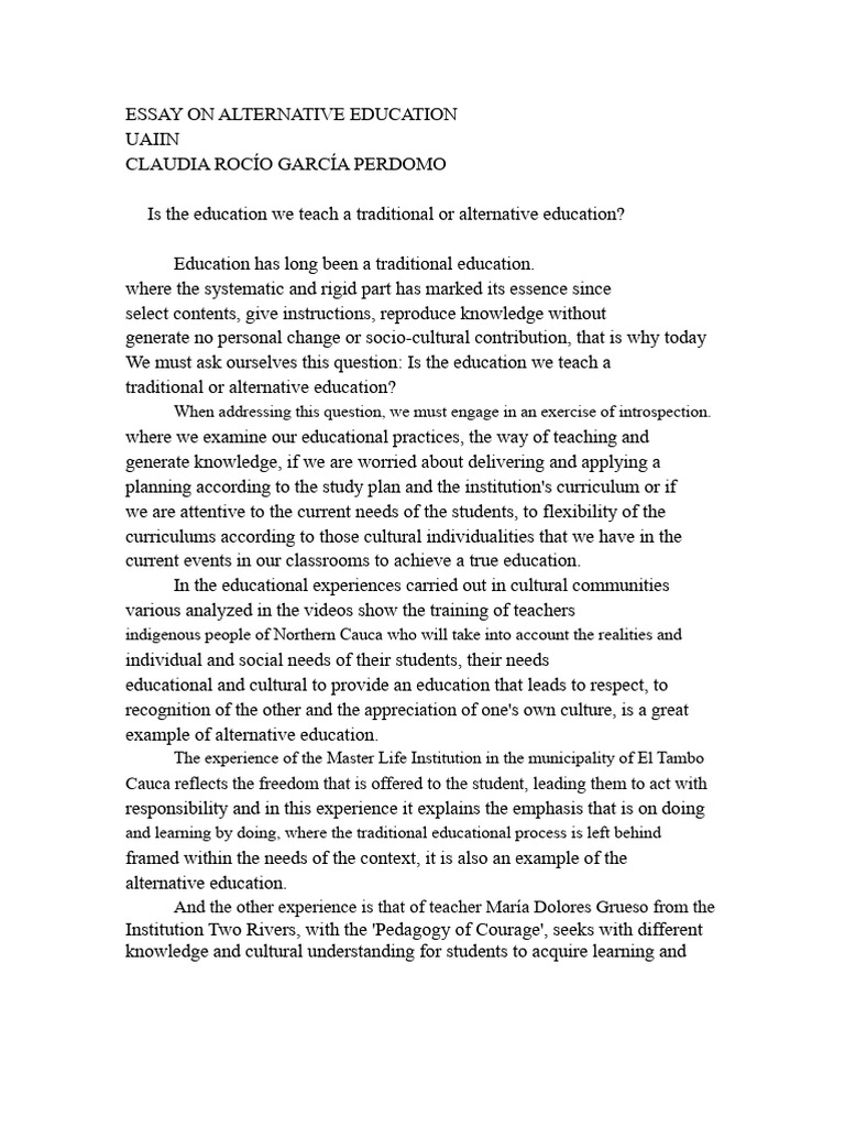 Essay On Alternative Education | PDF | Alternative Education | Knowledge