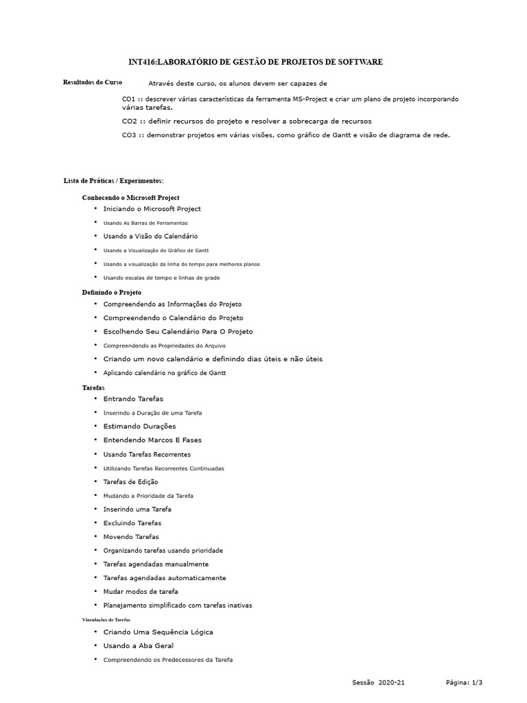 LABORATÓRIO DE GESTÃO DE PROJETOS DE SOFTWARE INT416 | PDF