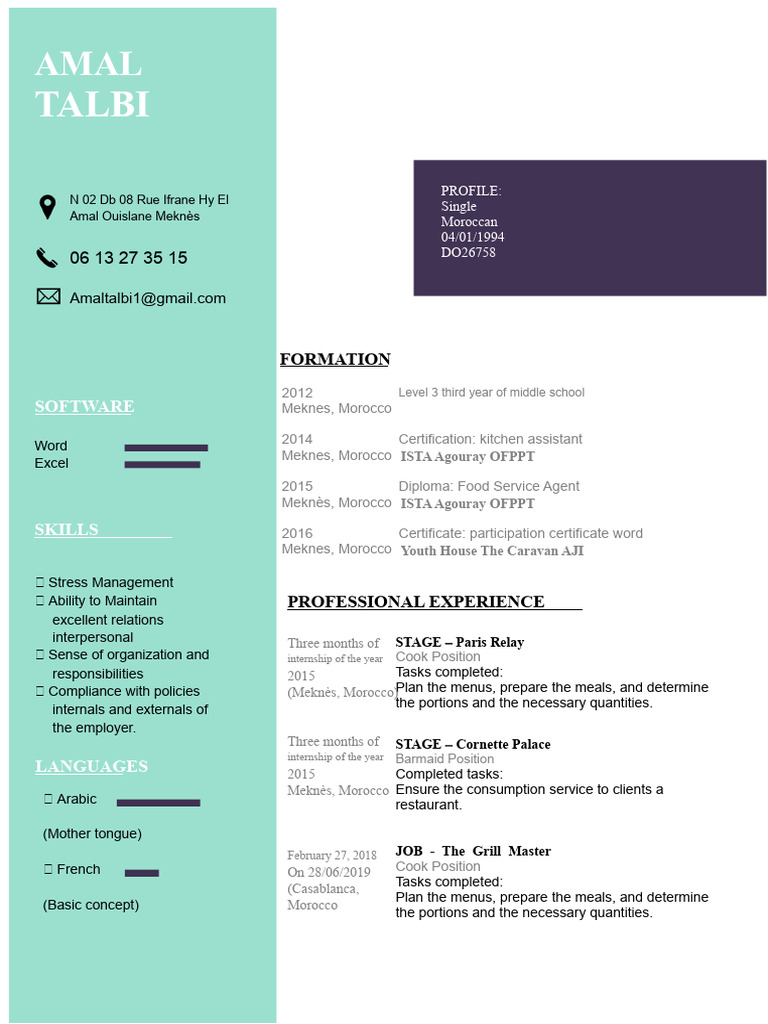 75 beginner CV templates | PDF | Morocco | Cooking