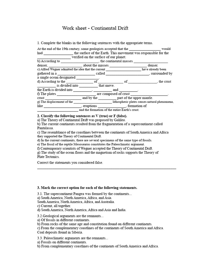 Worksheet - Continental Drift | PDF | Plate Tectonics | Structure Of ...