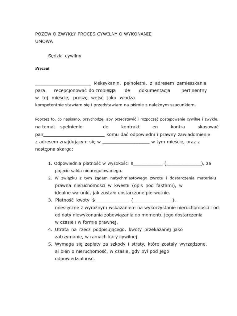 Pozew o Zwykłe Postępowanie Cywilne W Sprawie Wypełnienia Umowy | PDF