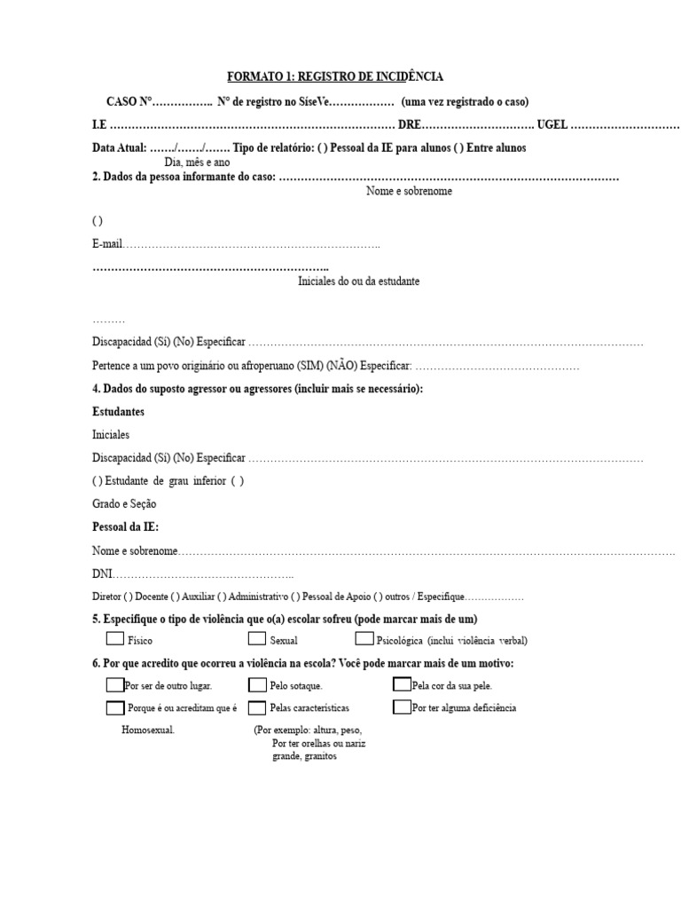 FORMATO 1 e 2 Livro de Registro de Incidência | PDF | Violência