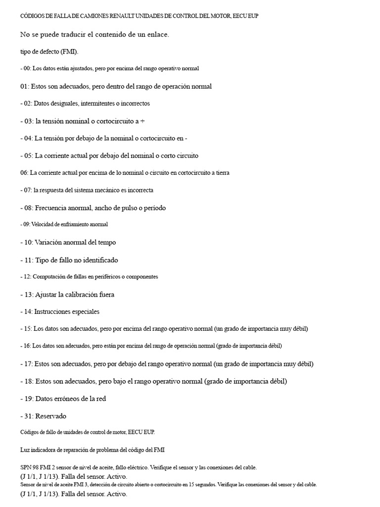 Códigos de falla de camiones Renault Unidades de Control del Motor, Eecu Eup | PDF | Bienes ...