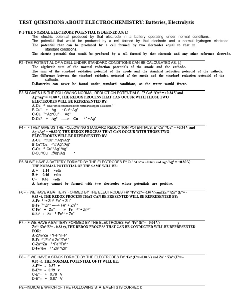 Electrochemistry Test PDF | PDF | Redox | Electrochemistry
