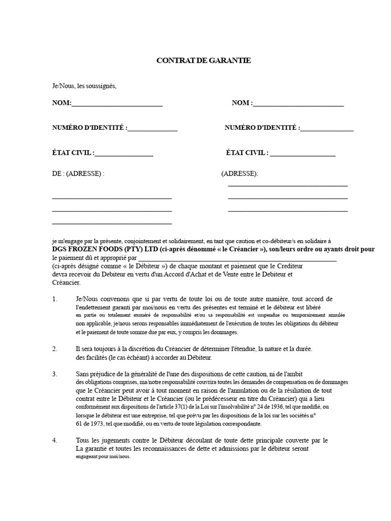 Modèle de contrat de garantie solidaire | PDF | Débiteur | Cautionnement