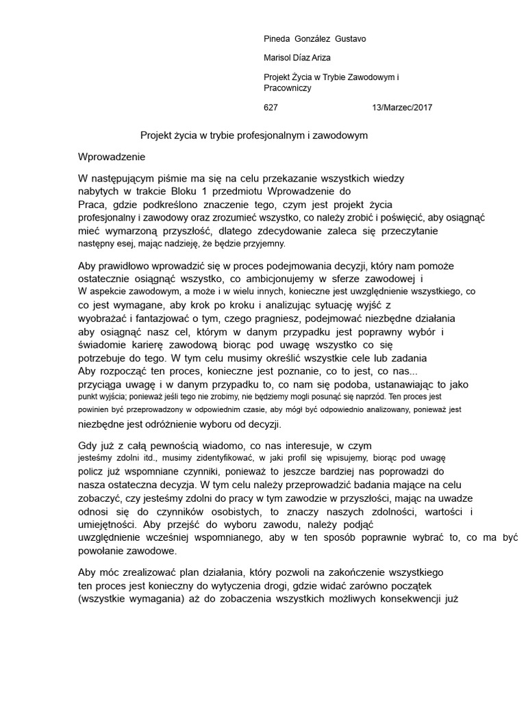 Projekt Życia W Trybie Zawodowym I Pracy - Esej | PDF